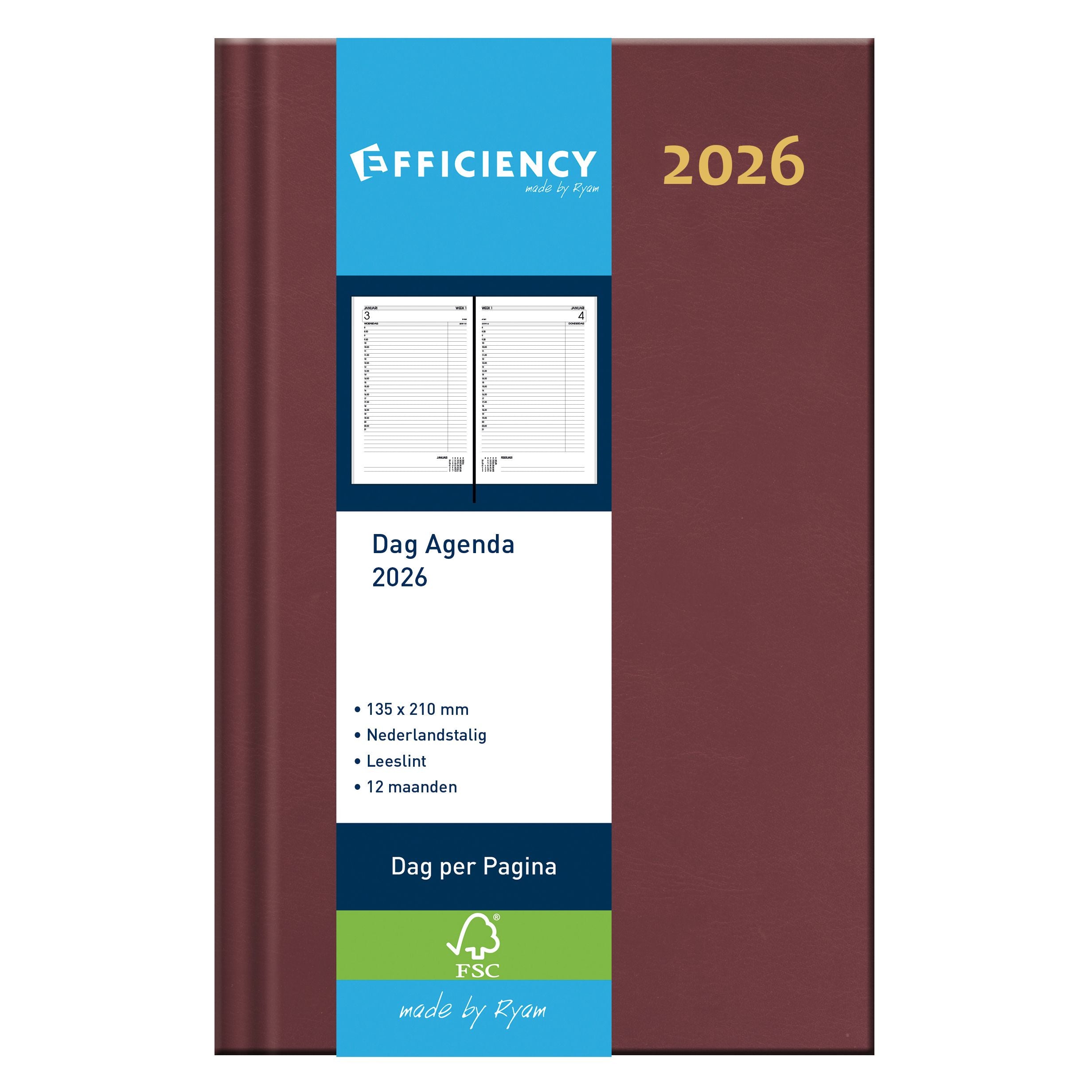 Ryam - Agenda 2026 Efficiency Baladek 1 day/1 page burgundy – kleinkantoor